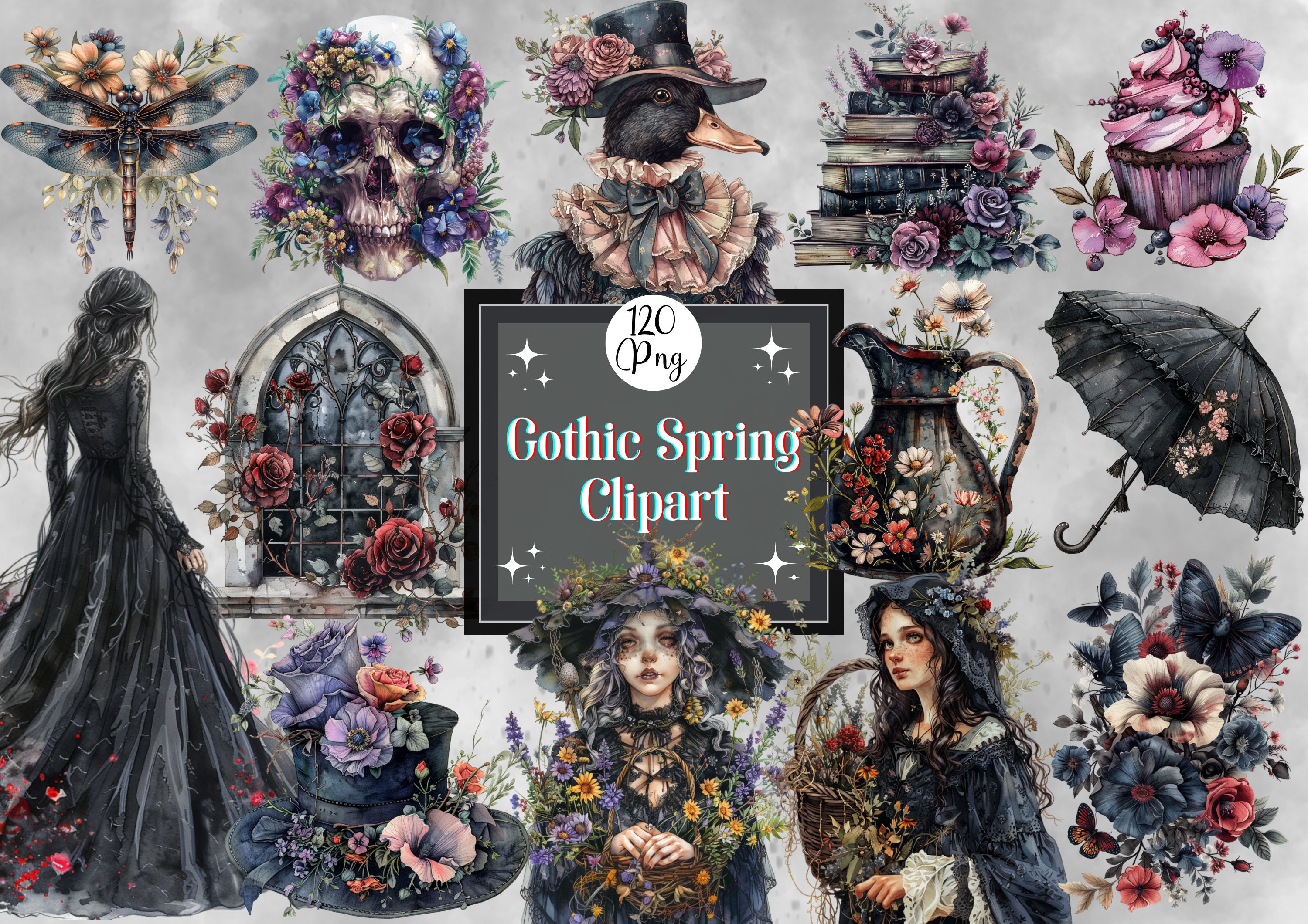 Watercolor Gothic Spring Clipart: Dark Halloween Designs (120 PNG) - Etsy