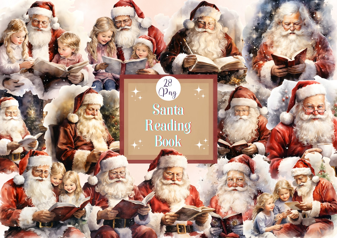 Santa Reading Book Watercolor Clipart Bundle: Christmas PNG Stickers ...