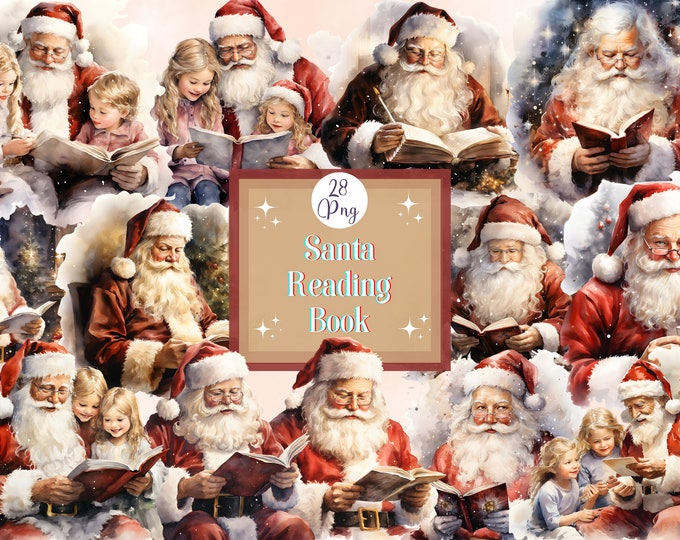 12 Santa Reading Book Christmas Clipart: Watercolor PNG, Printable Art ...