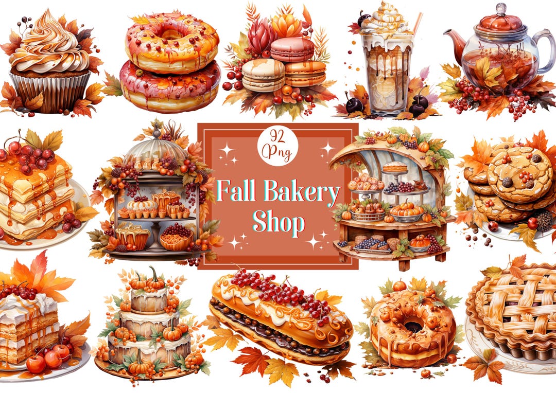 Watercolor Fall Bakery Clipart Bundle: Autumn Dessert Graphics (92 PNG ...