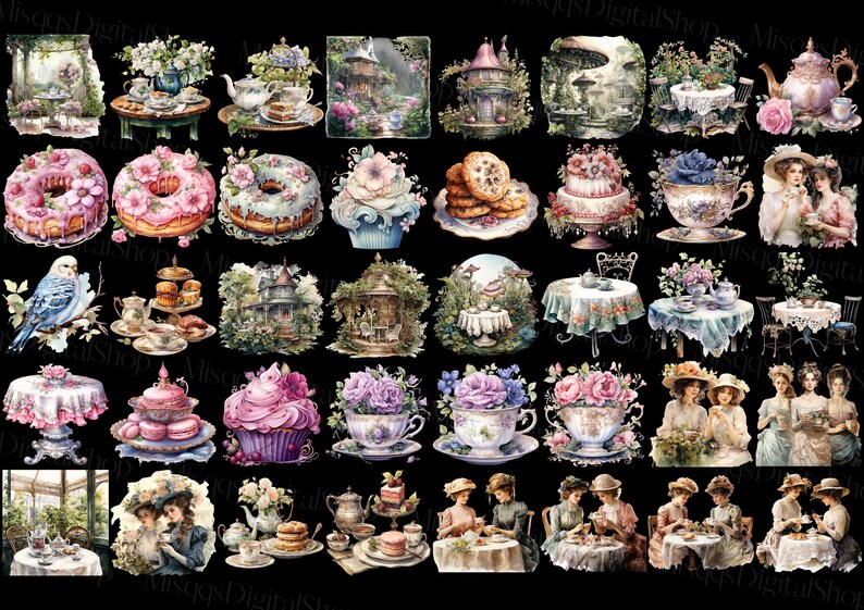 Watercolor Victorian Tea Party Clipart Bundle Old Time Graphics ...