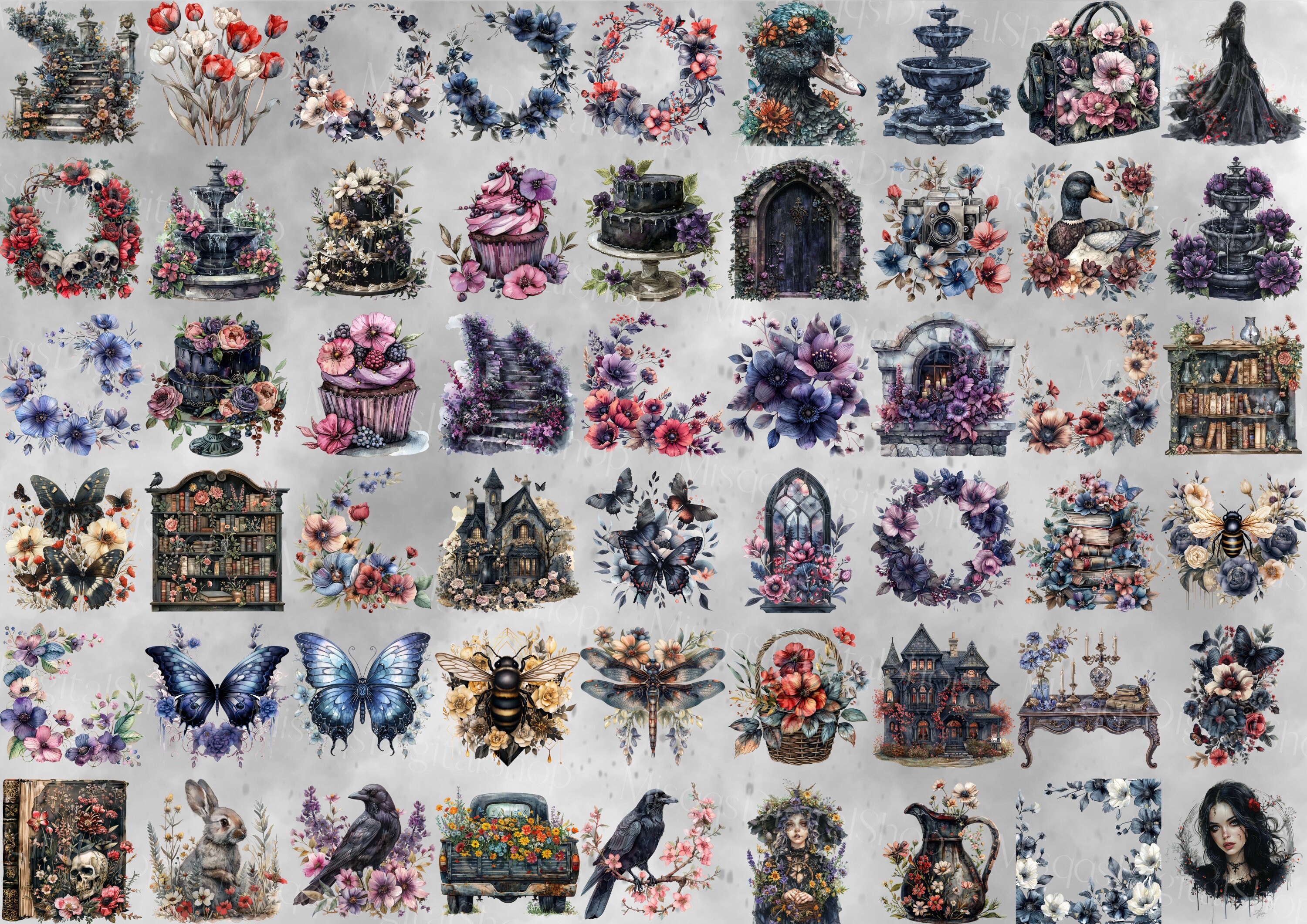 Watercolor Gothic Spring Clipart: Dark Halloween Designs (120 PNG) - Etsy