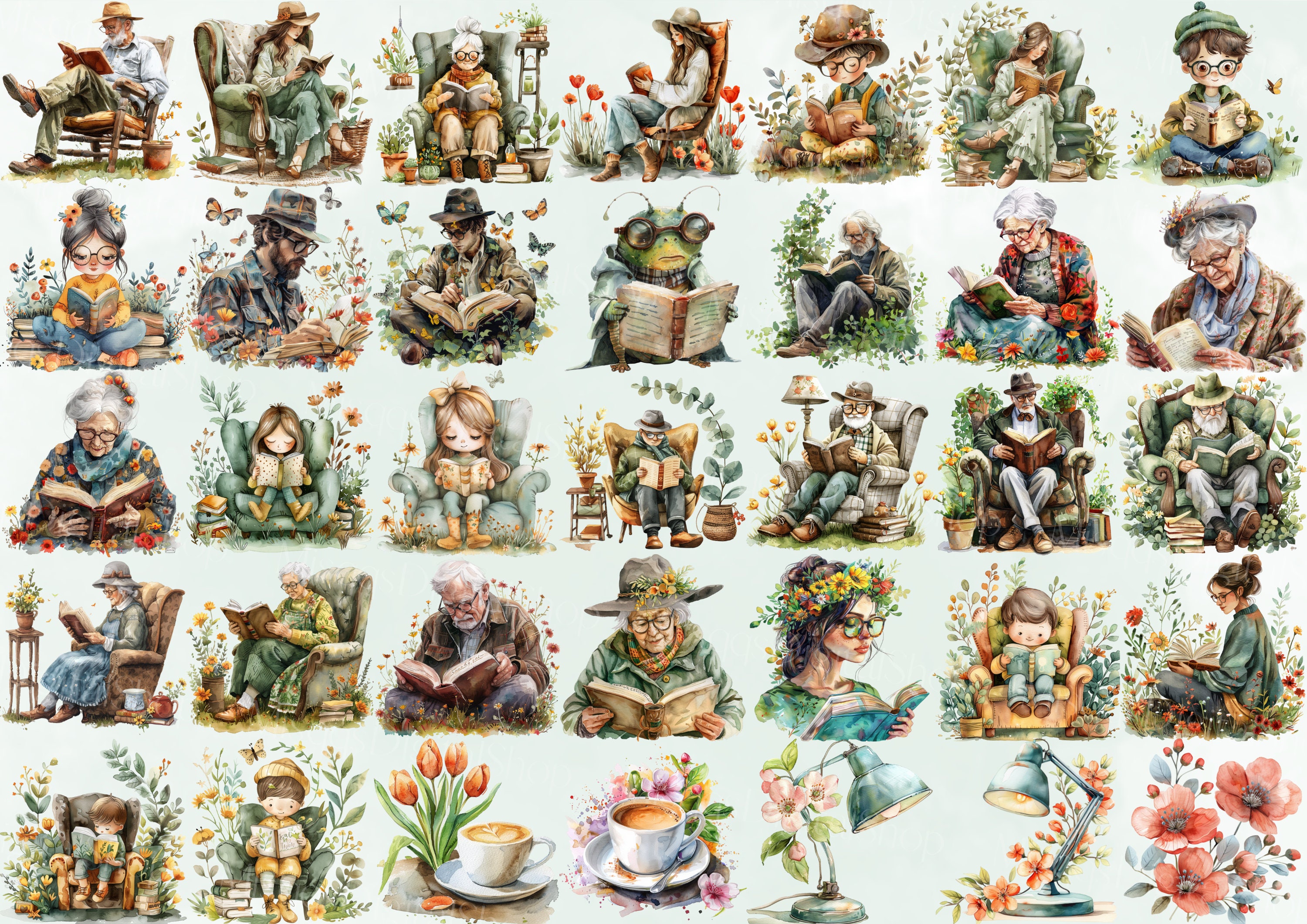 Floral Reading Png Bundle Floral Bookworm Life Cozy Spring Reading Nook ...