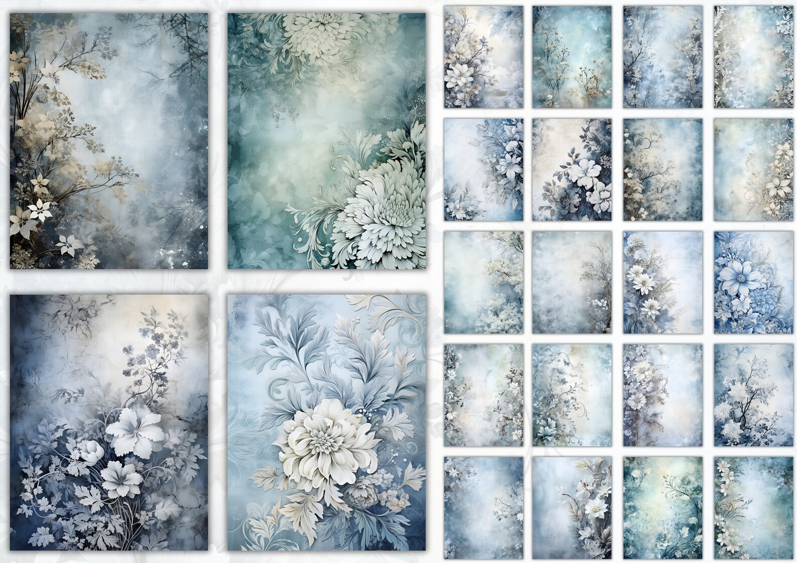 Winter Floral Paper: Light Blue Watercolor Flower Art (digital Download ...