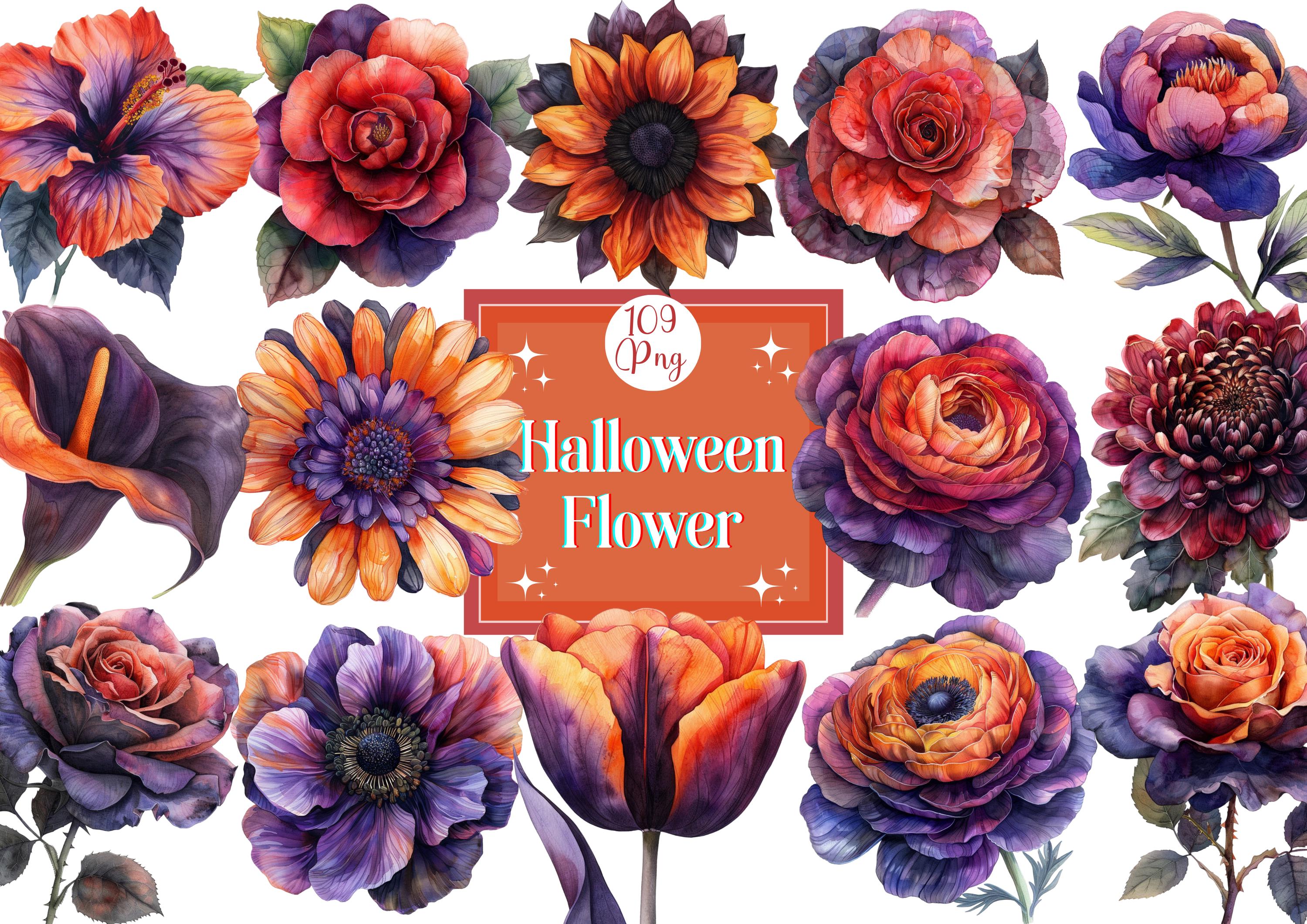 Halloween Flowers Clipart, Dark Floral Watercolor Autumn Flowers ...