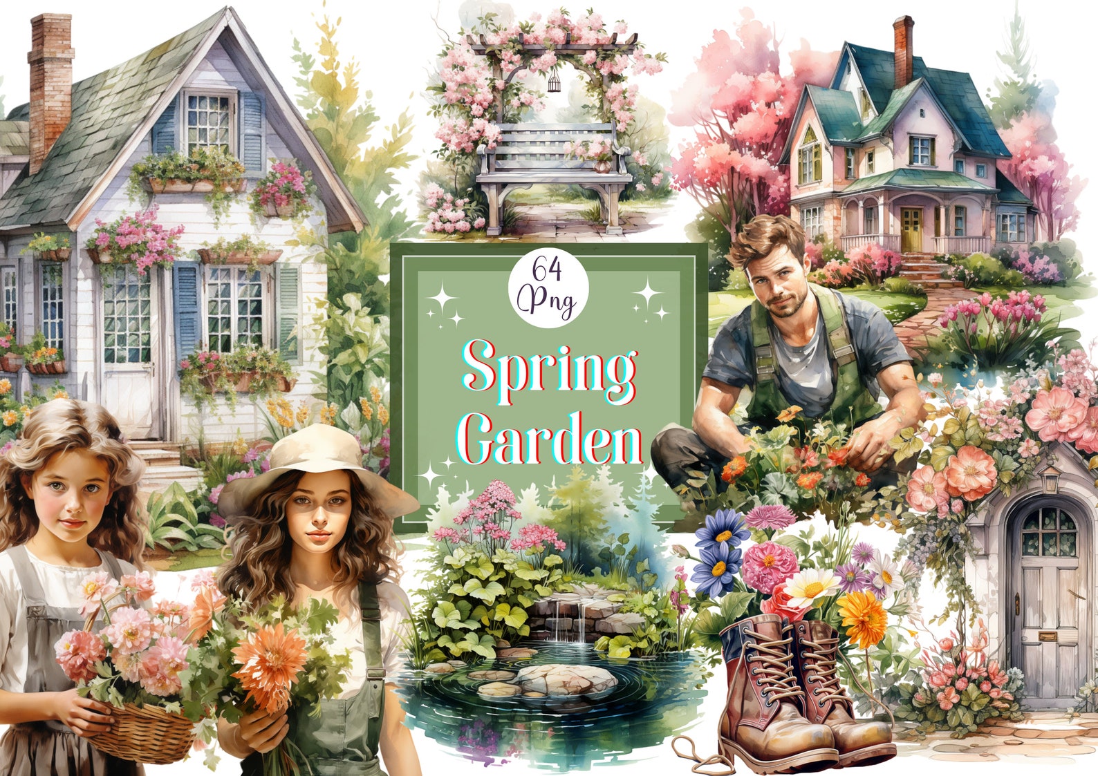 Hello Spring Garden Clipart Bundle Watercolor Spring Gardening ...