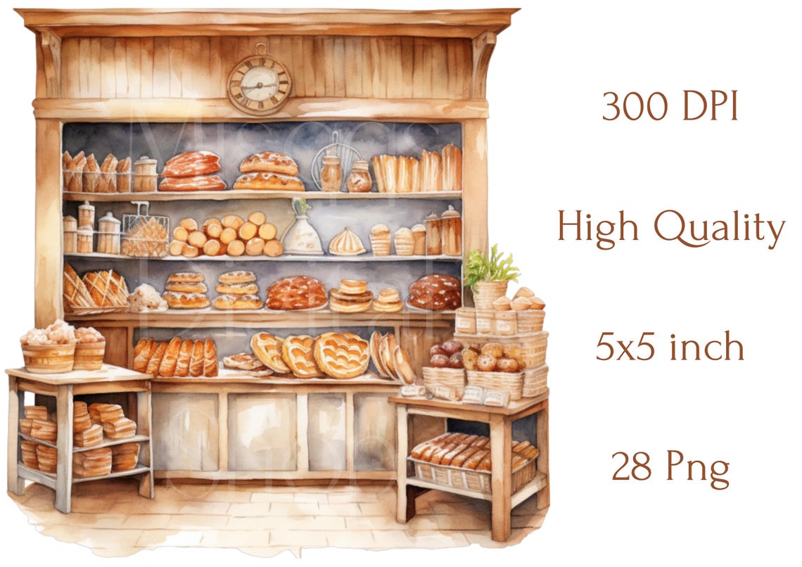 Watercolor Bakery Shop Clipart, Cafe Illustrations (PNG Bundle - Etsy