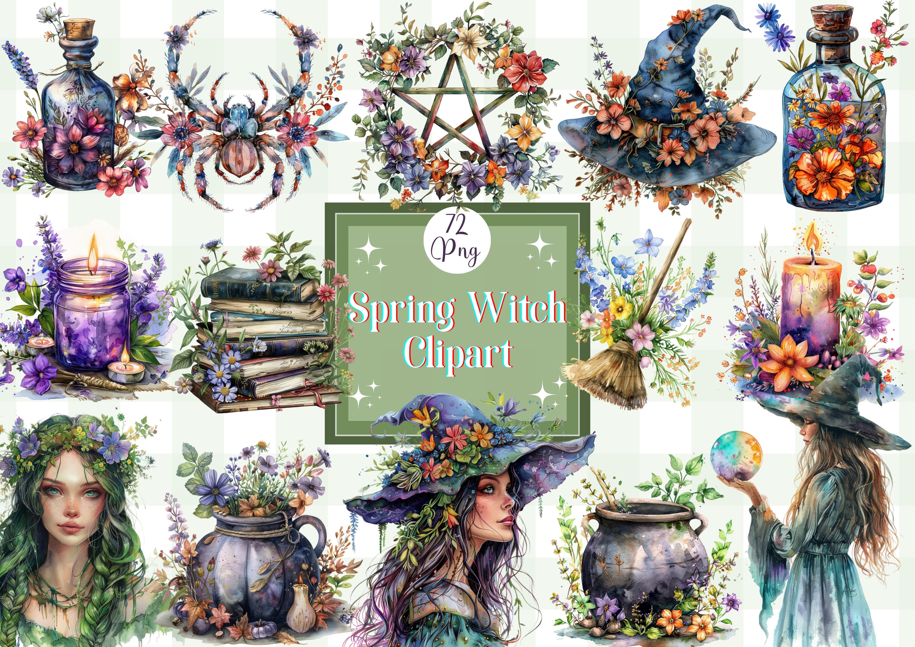 Watercolor Spring Witch Clipart Bundle: Herbal Witch PNG Graphics ...