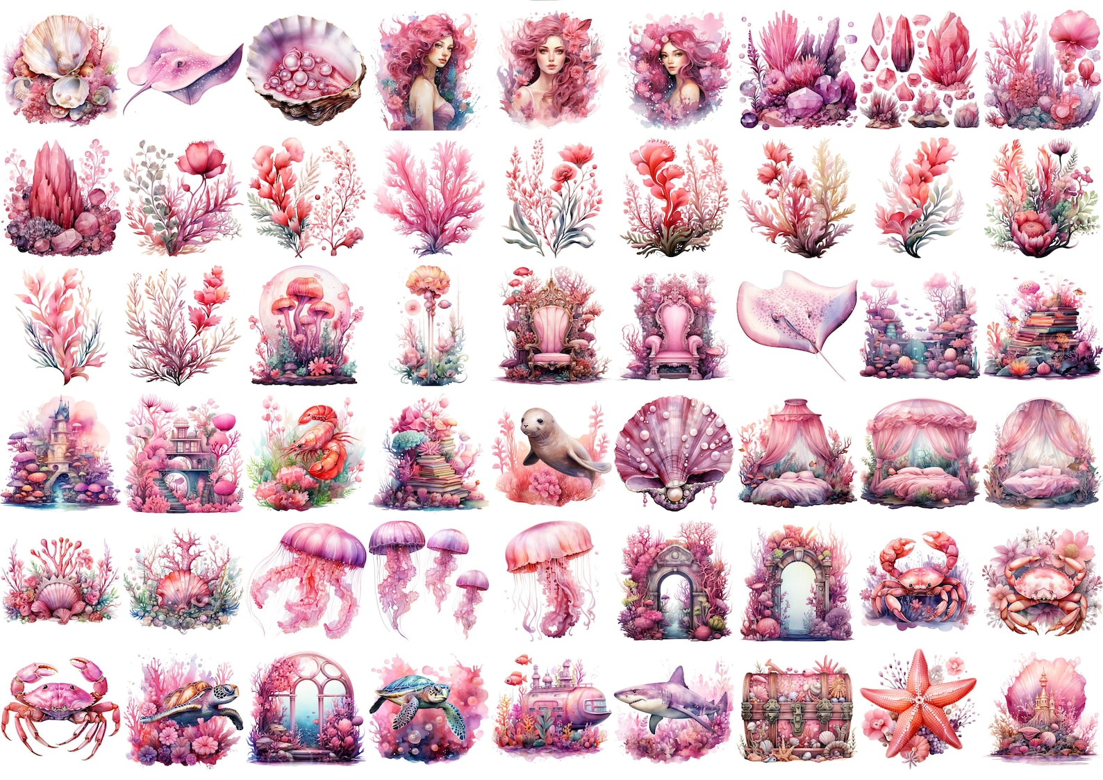 Pink Mermaid Clipart Set: Under the Sea Fantasy PNG (digital Download ...