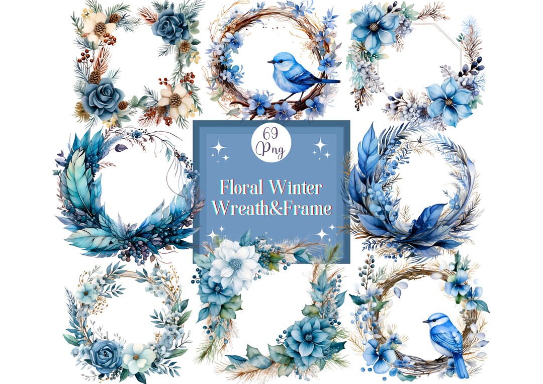 Watercolor Floral Winter Wreath & Frame Hello Winter Wreath Png Blue ...