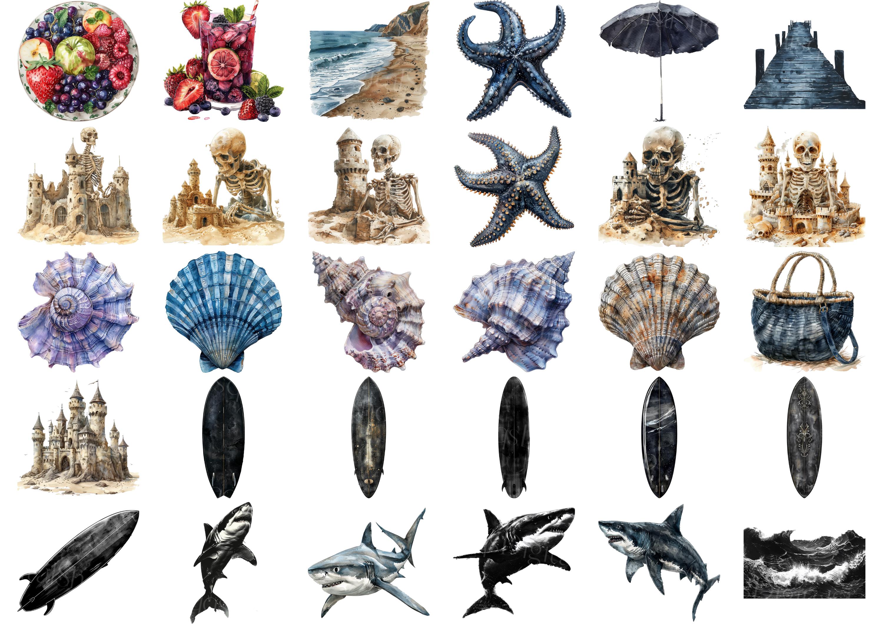 Watercolor Gothic Summer Clipart Bundle: Creepy Beach PNG (80 Files) - Etsy
