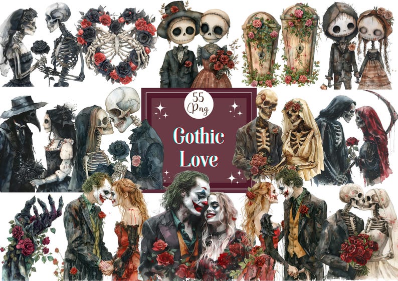 Gothic Love Clipart, Skeleton Couple PNG, Dark Romance Art (55 Files ...
