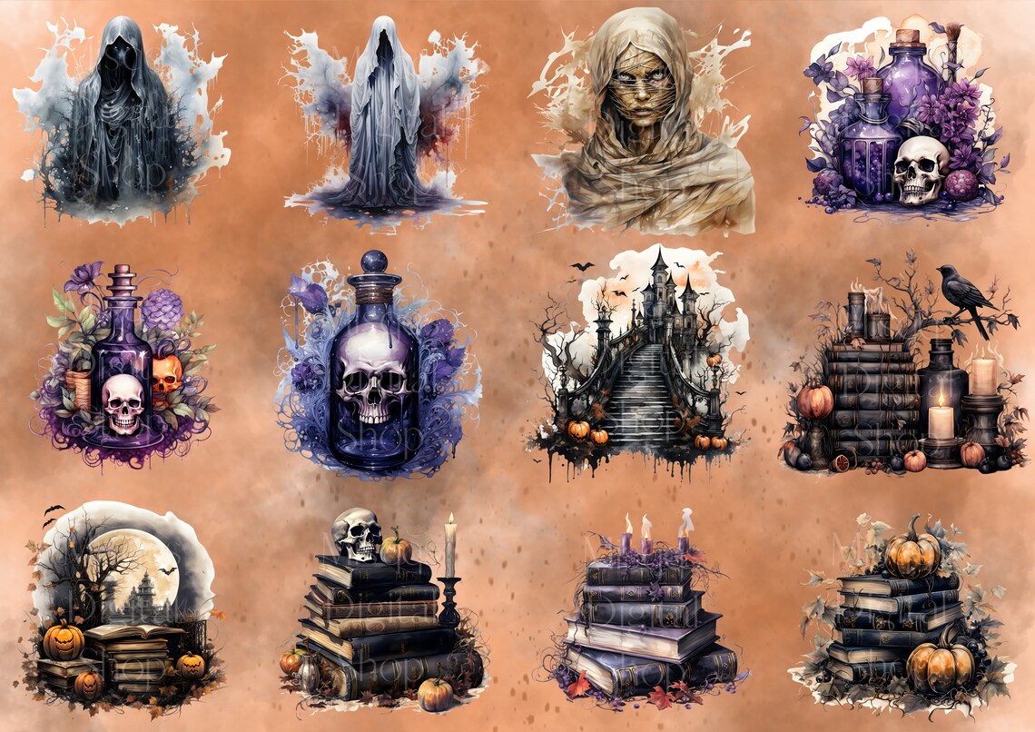 Watercolor Halloween Clipart Bundle: Spooky PNG Designs (digital ...