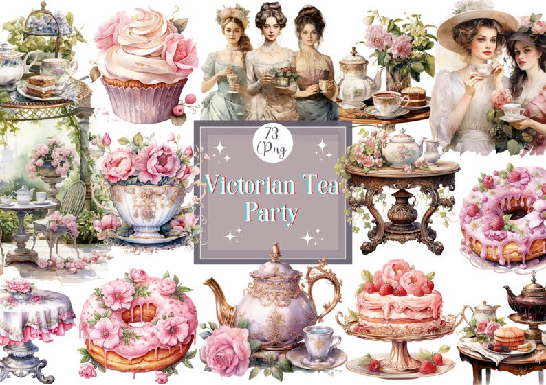 Watercolor Victorian Tea Party Clipart Bundle Old Time Graphics ...