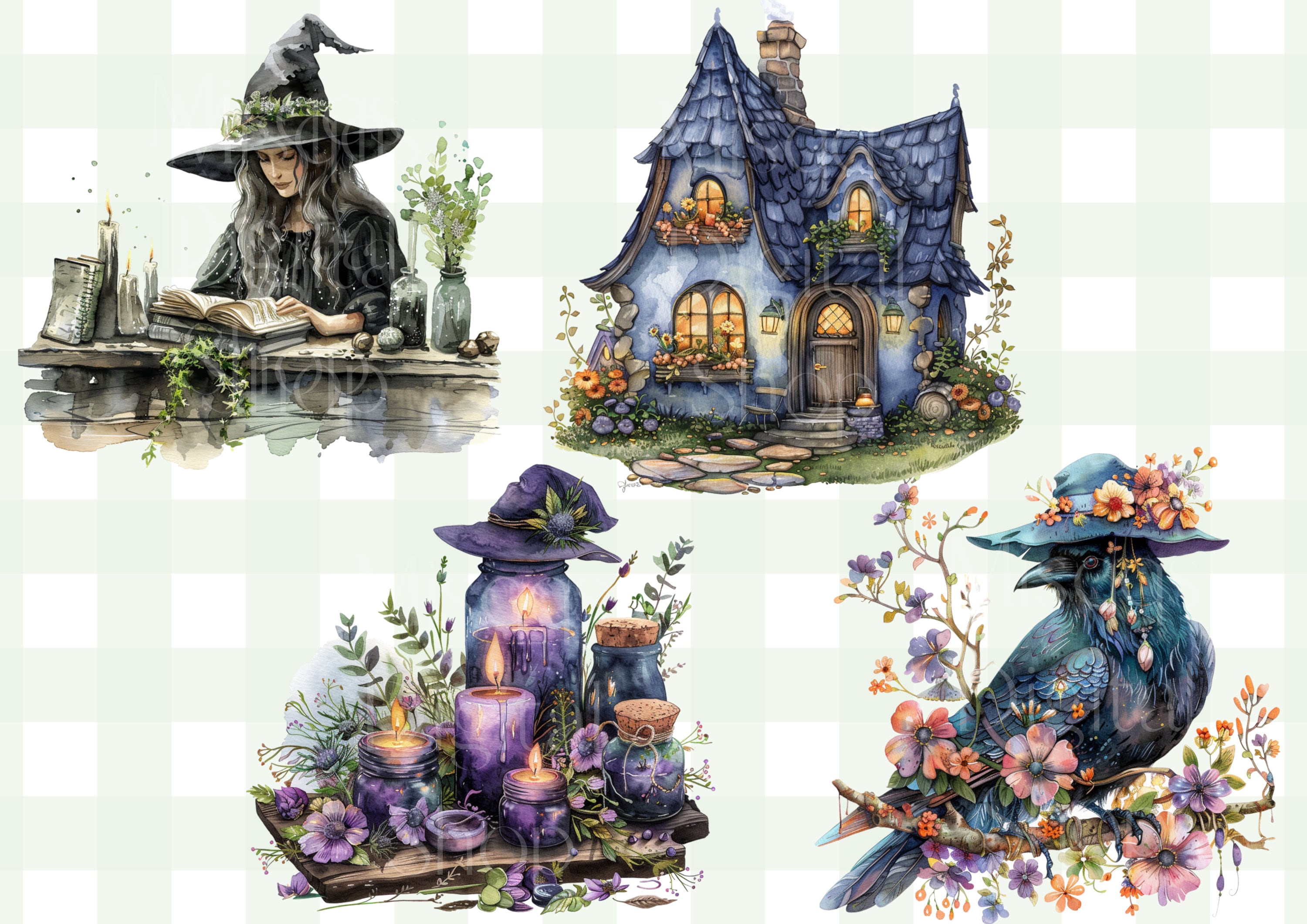 Watercolor Spring Witch Clipart Bundle: Herbal Witch PNG Graphics ...