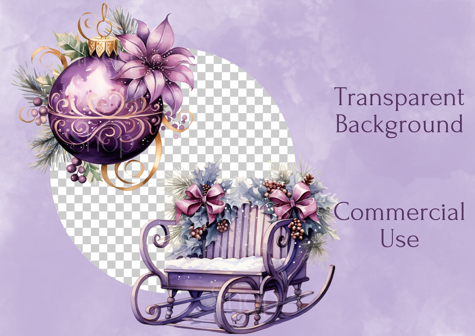 Watercolor Purple Christmas Clipart Bundle: Holiday Graphics (digital ...