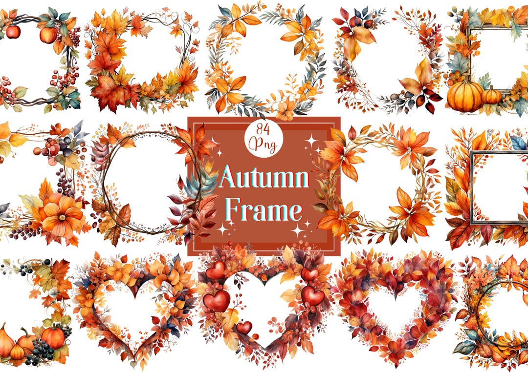 Watercolor Autumn Frame Clipart Bundle Floral Border Graphics Fall ...