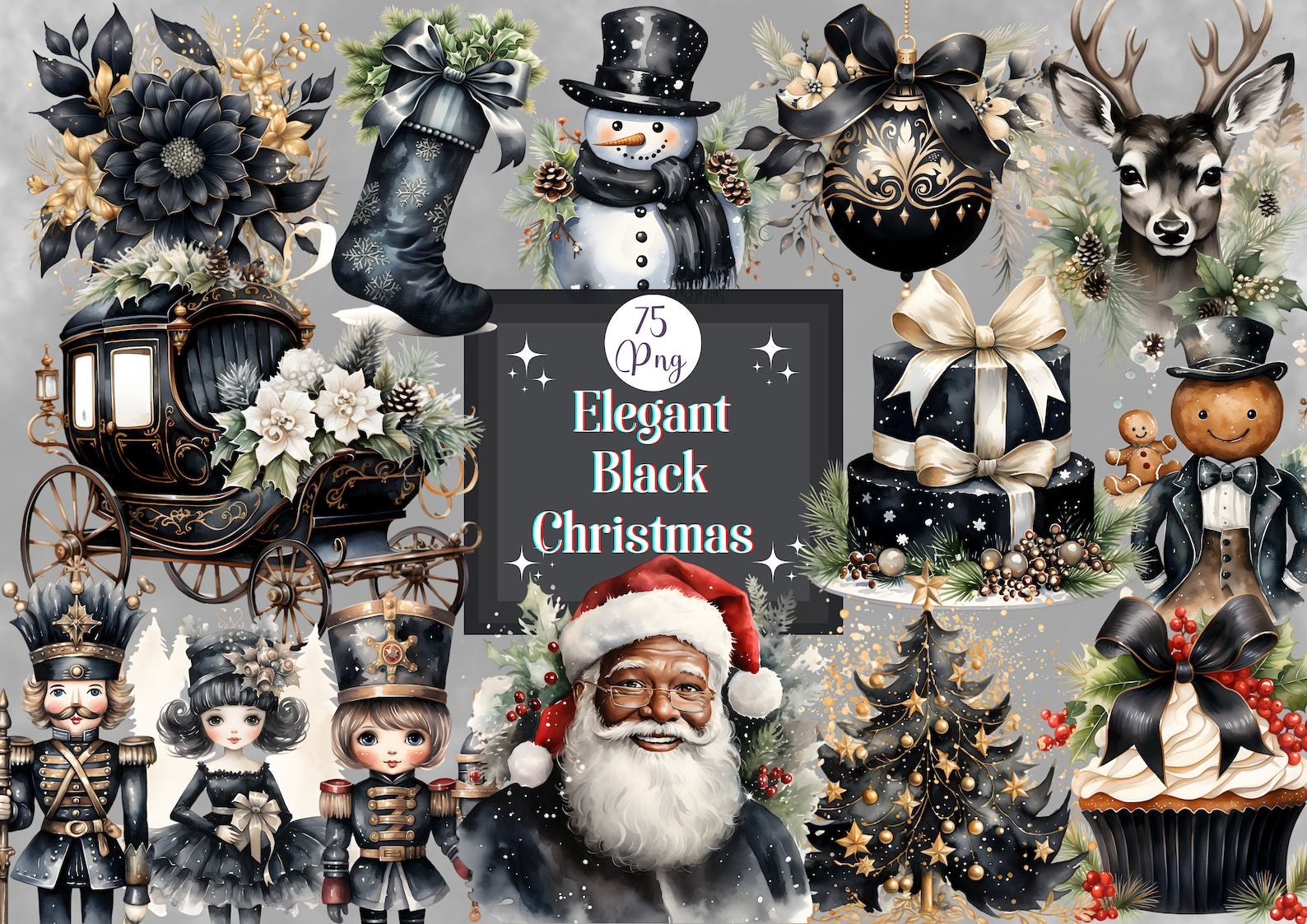 Watercolor Elegant Black Christmas Clipart Bundle Christmas Graphics ...