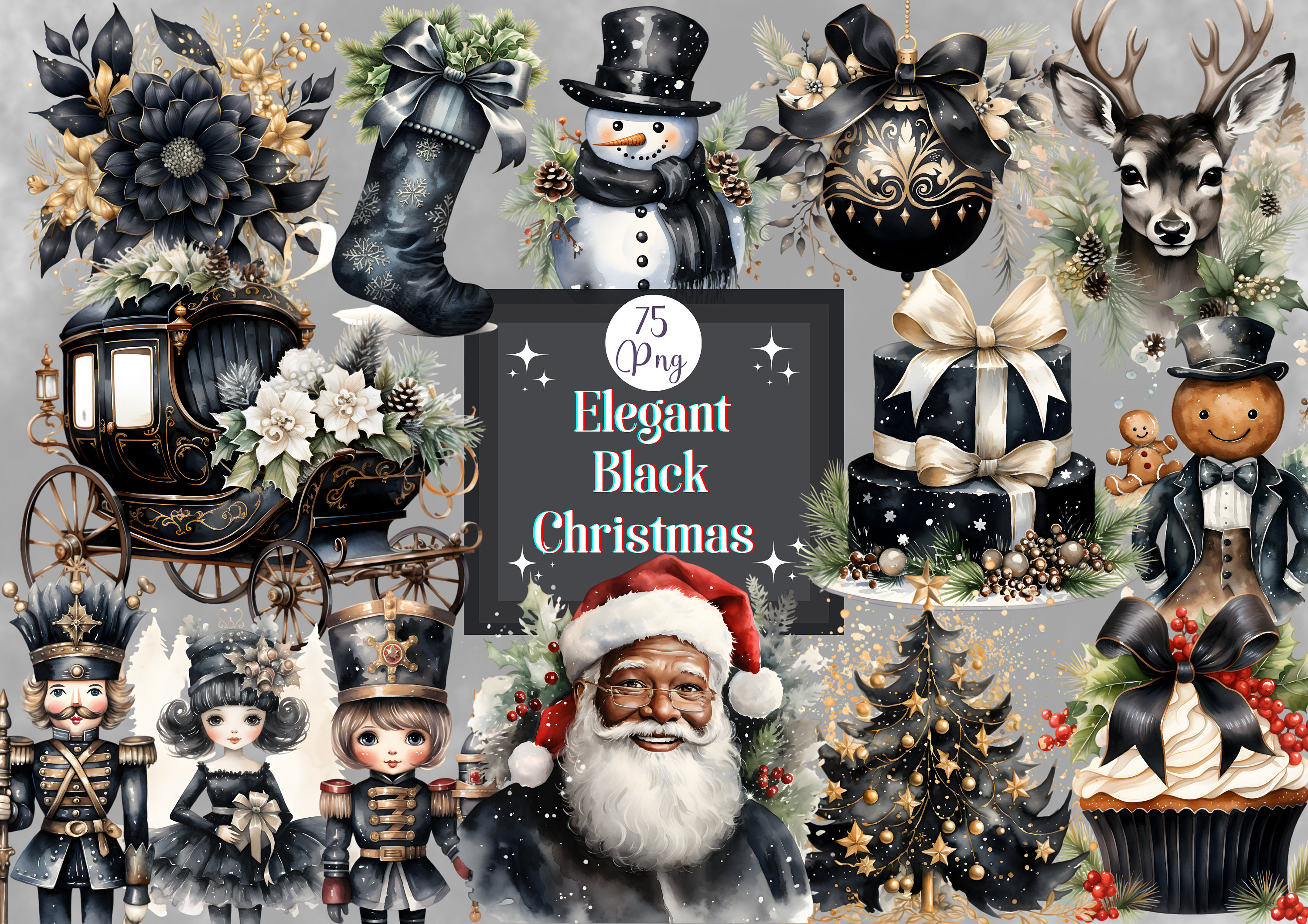 Watercolor Elegant Black Christmas Clipart Bundle Christmas Graphics ...