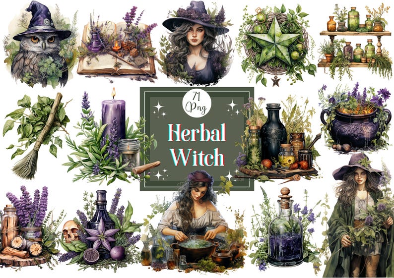 Watercolor Witch Clipart Bundle: 71 PNG Graphics for Scrapbooking ...
