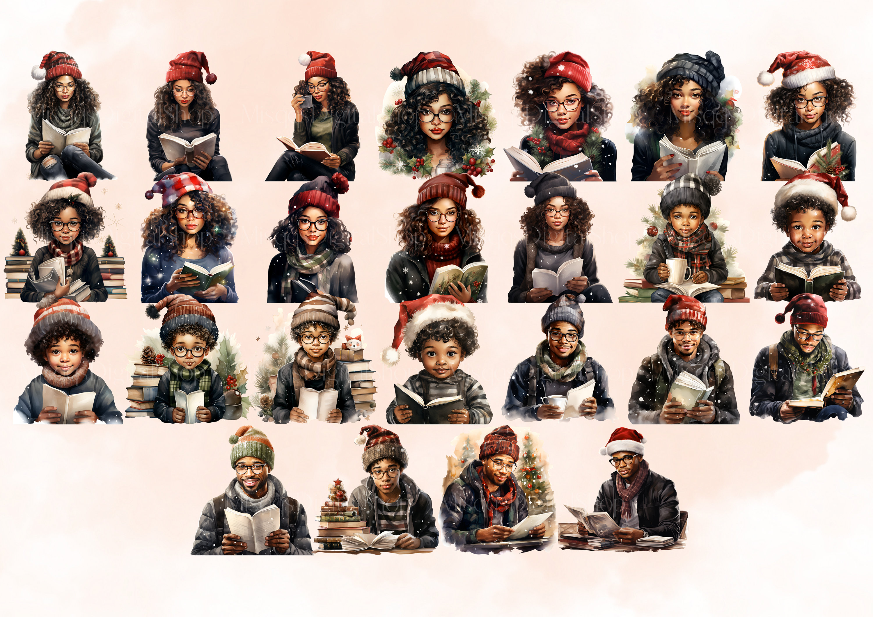 Merry Christmas Bookworm Black People Christmas Digital Clipart Bundle ...