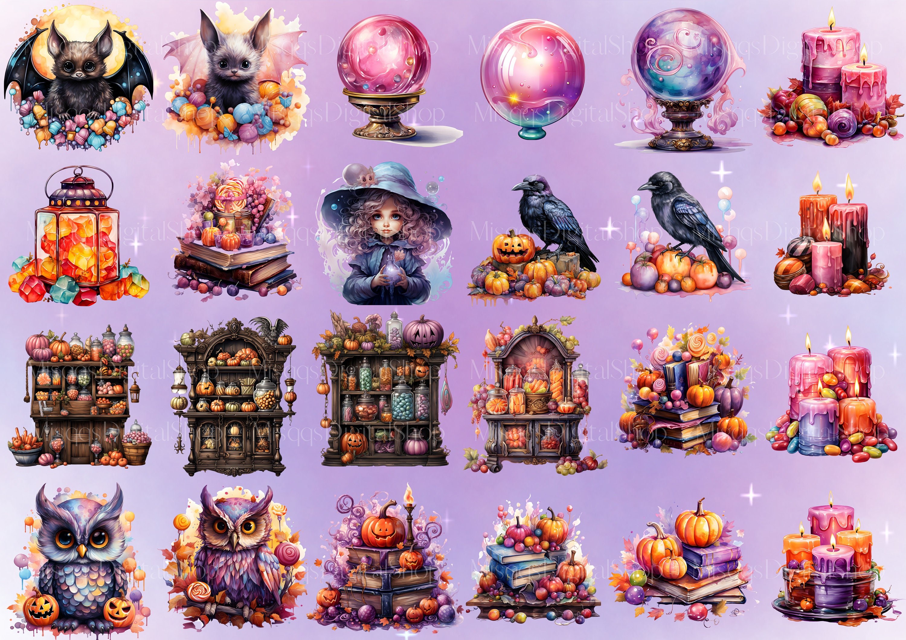 Watercolor Candy Witch Clipart: Halloween PNG Stickers (digital ...