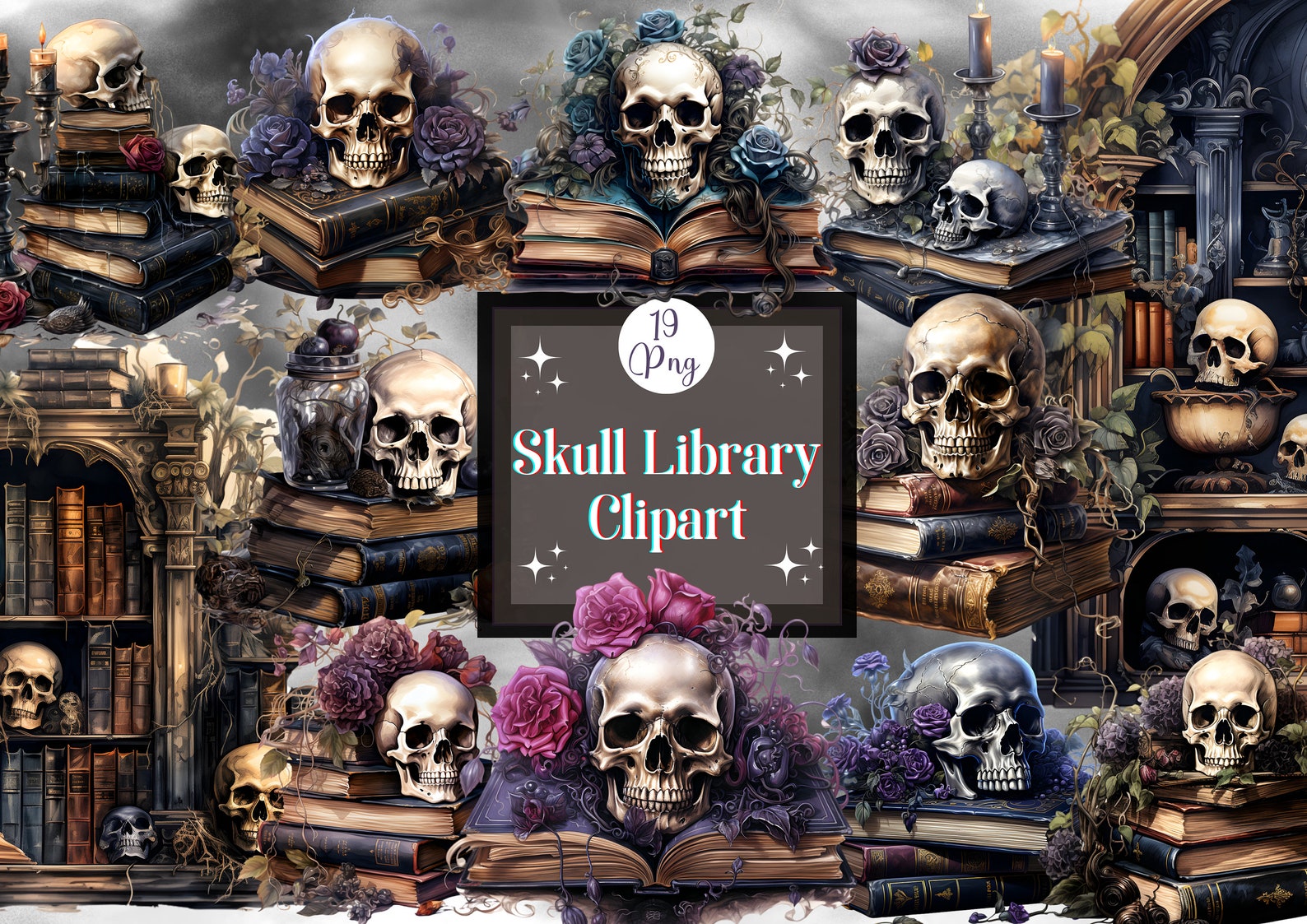 Watercolor Gothic Skull Library Clipart: Mystical Planner Stickers ...