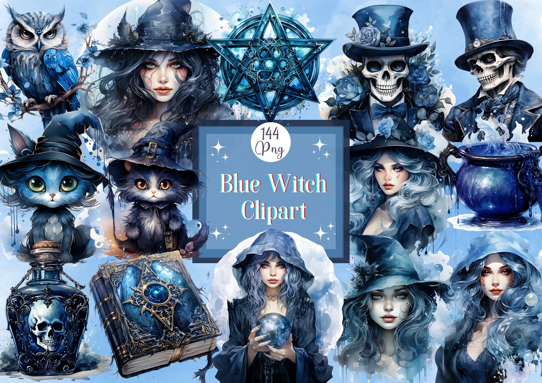Watercolor Blue Witch Clipart Bundle for Digital Planner Stickers ...