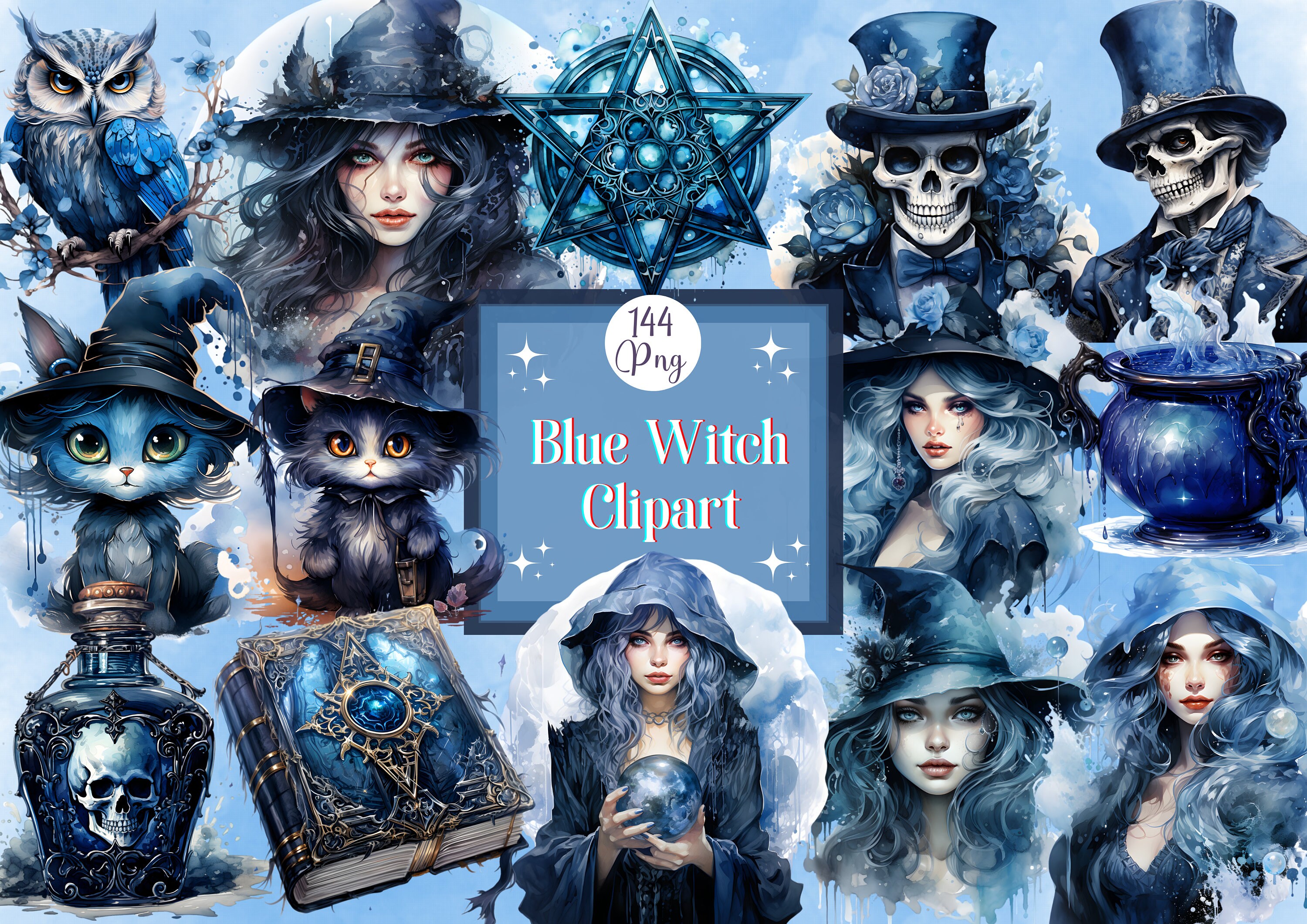 Watercolor Blue Witch Clipart Bundle for Digital Planner Stickers ...