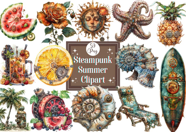 Watercolor Steampunk Summer Clipart: Industrial Graphics (59 PNG) - Etsy