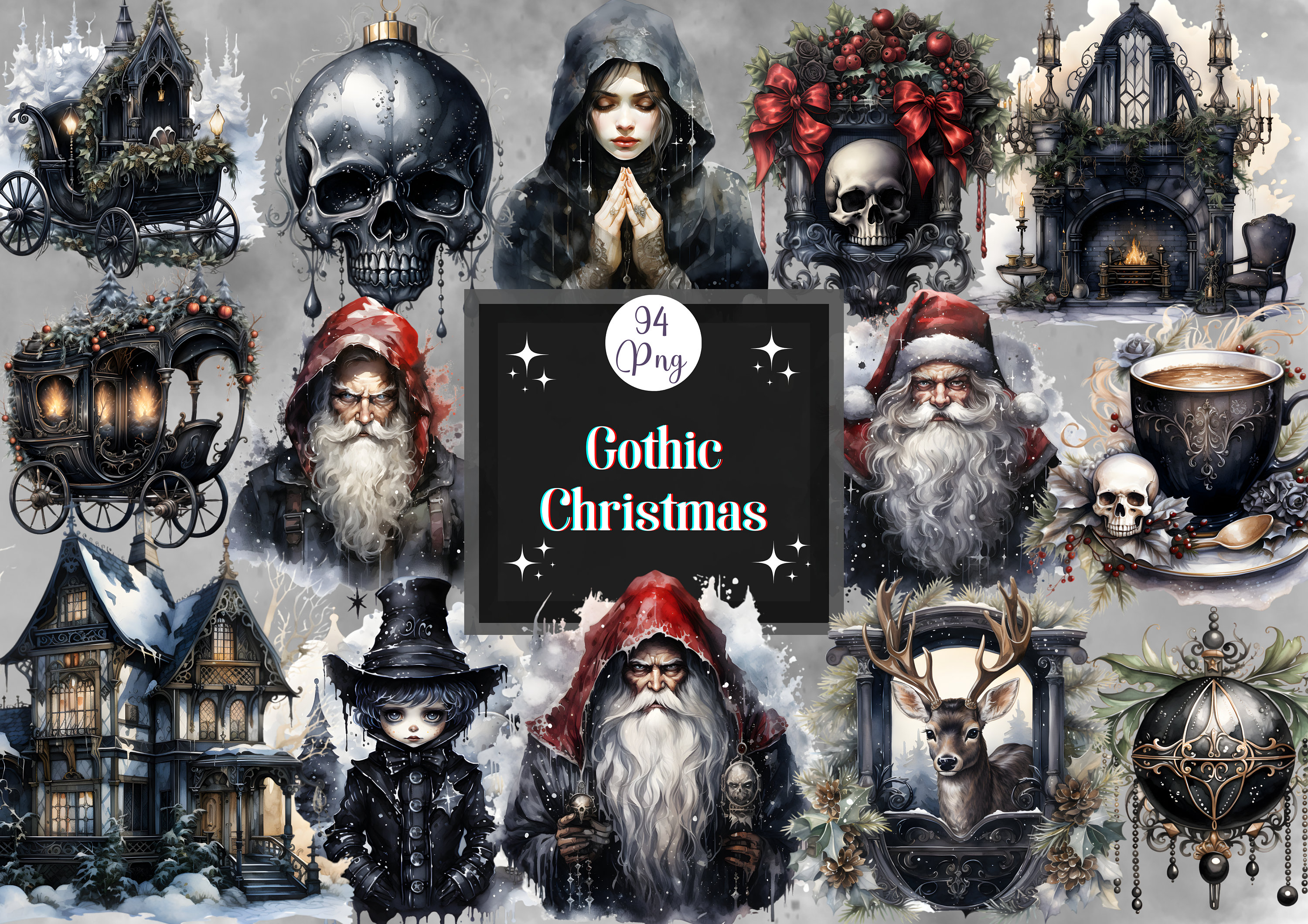 Gothic Christmas Watercolor Clipart Bundle: Creepy Horror PNG Stickers ...