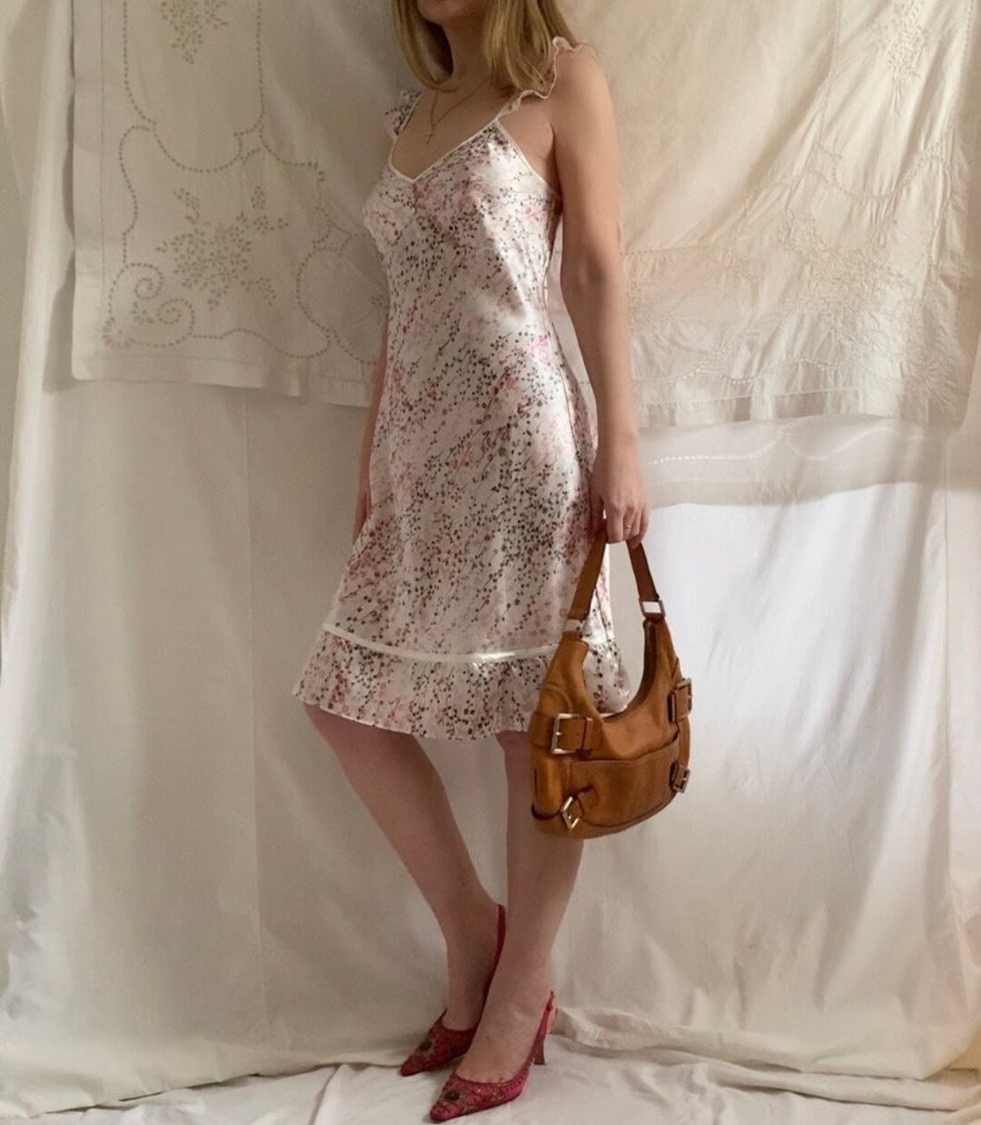 90s White Rose Print Satin Slip Dress - Medium to Large - Etsy