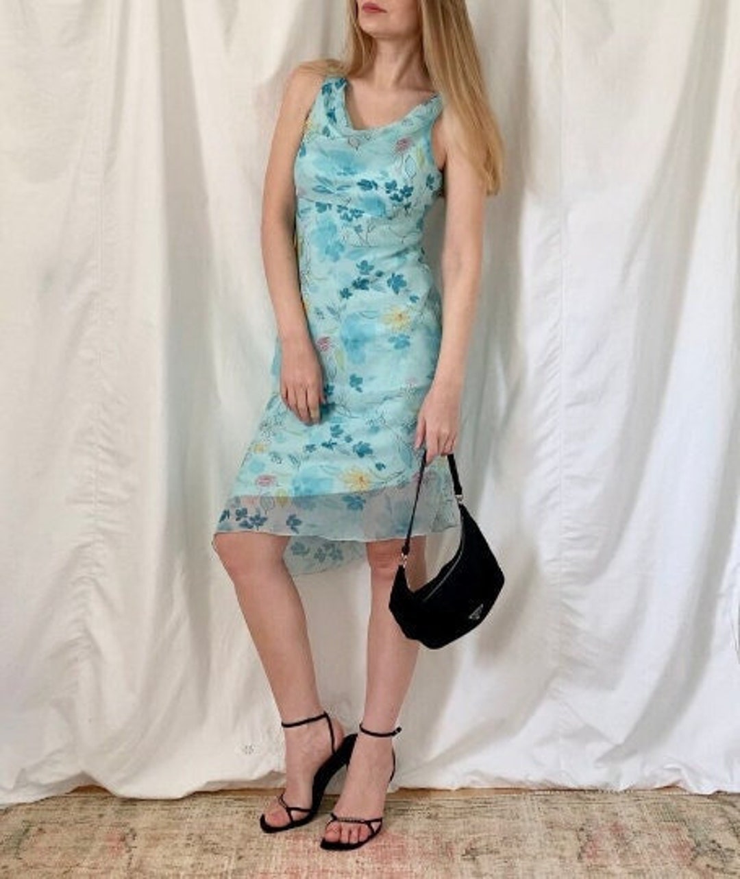 90s Aqua Floral Print Bias Cut Sundress - XS to Small - Etsy