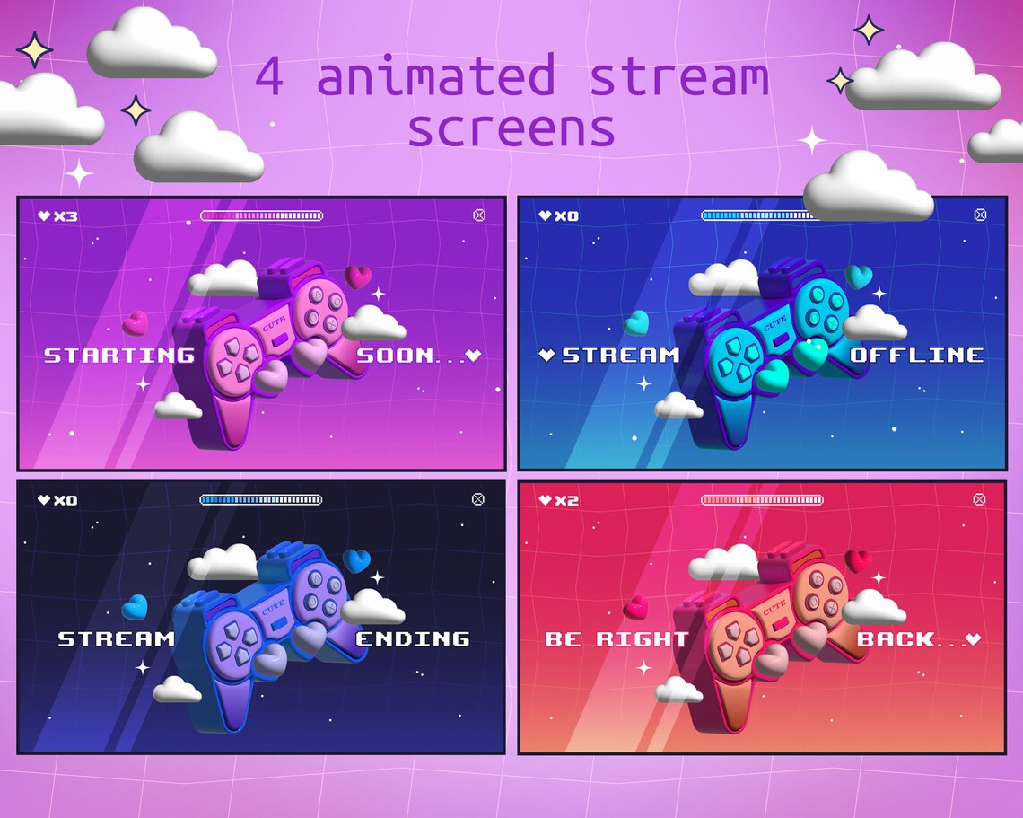 4 Animated Twitch Screens Stream Screens: Gaming Overlay 3D Joystick ...