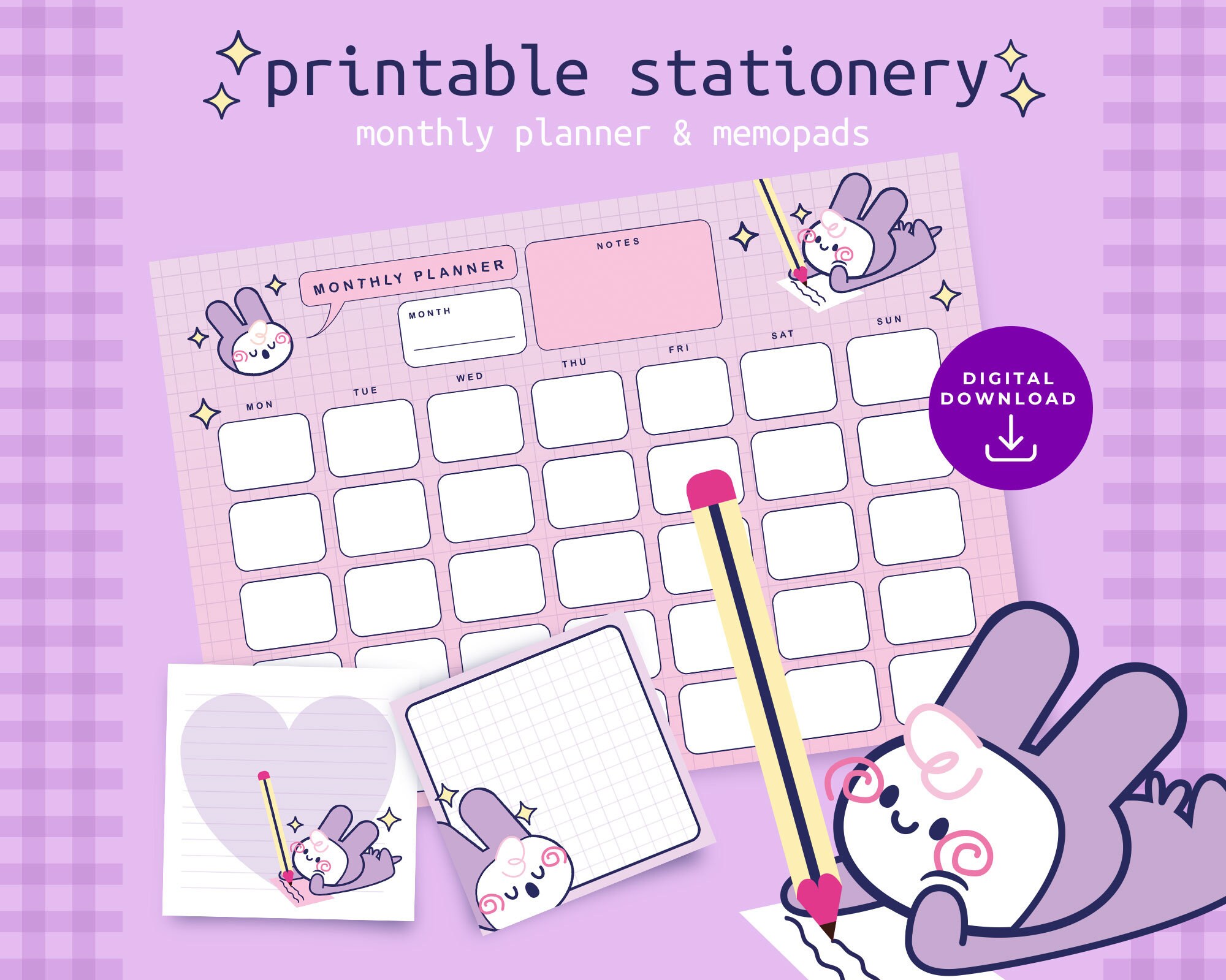Cute Printable Monthly Planner Kawaii Aesthetic Digital Planner Memo ...