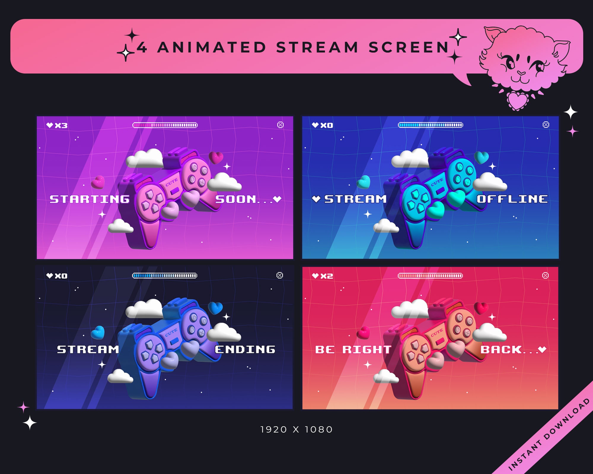 4 Animated Twitch Screens Stream Screens: Gaming Overlay 3D Joystick ...
