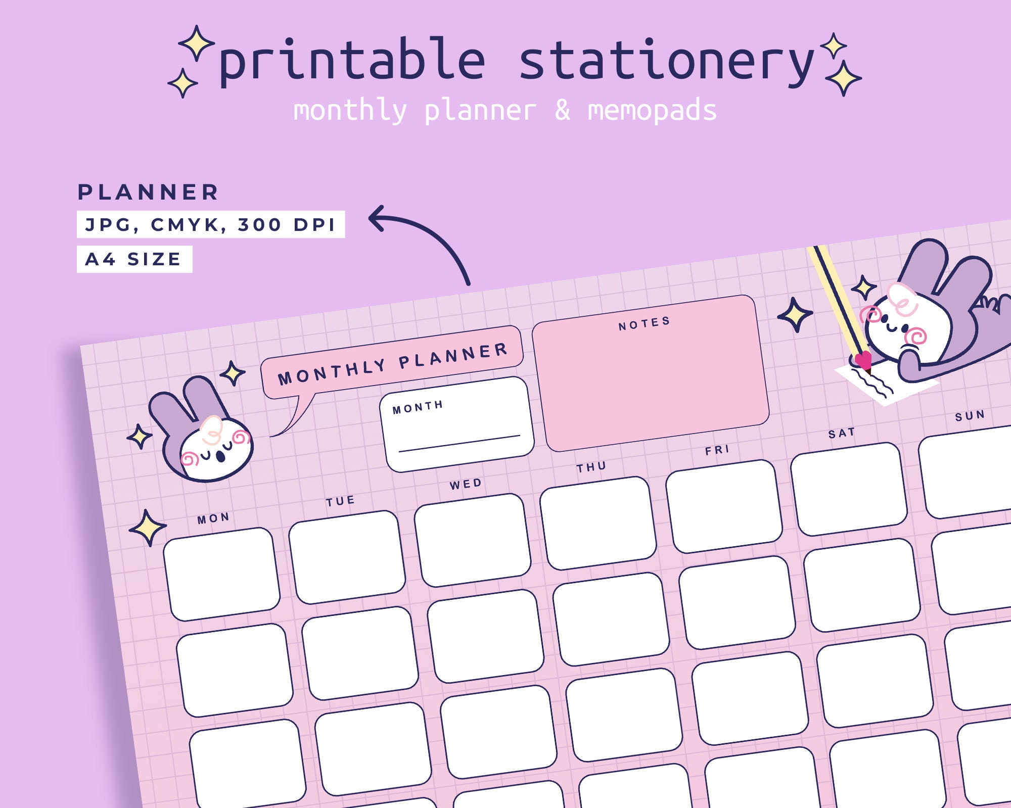 Cute Printable Monthly Planner Kawaii Aesthetic Digital Planner Memo ...
