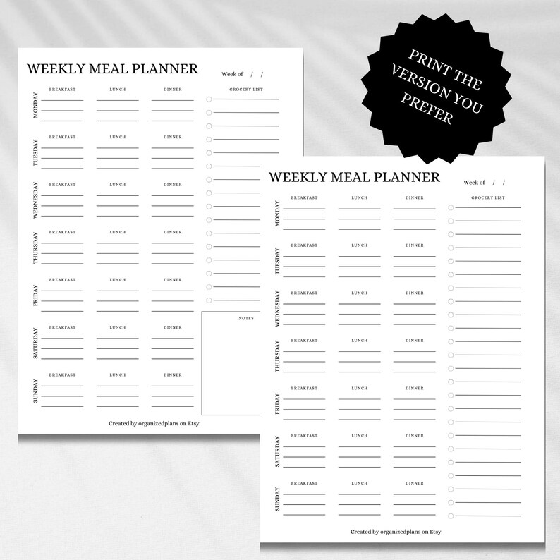 Weekly Meal Planner: 7 Day Menu Plan With Grocery List PDF - Printable ...