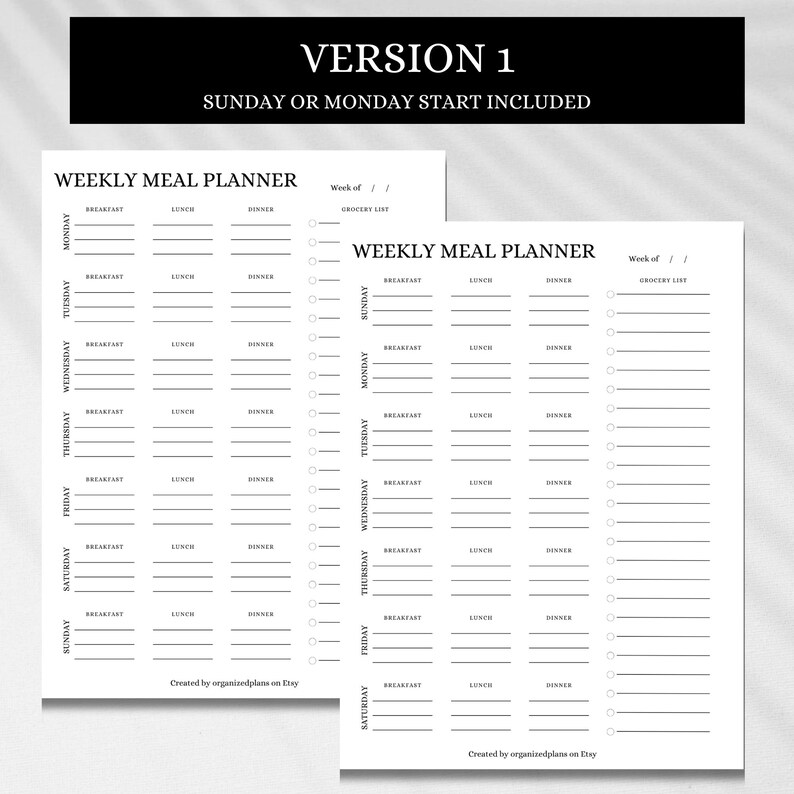 Weekly Meal Planner: 7 Day Menu Plan With Grocery List PDF - Printable ...