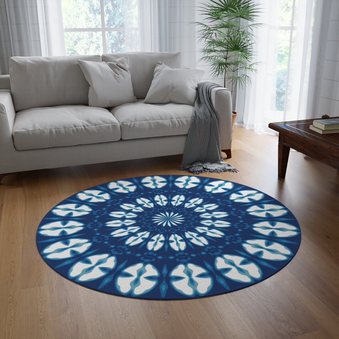 Blue and White Patterned Round Rug - Etsy