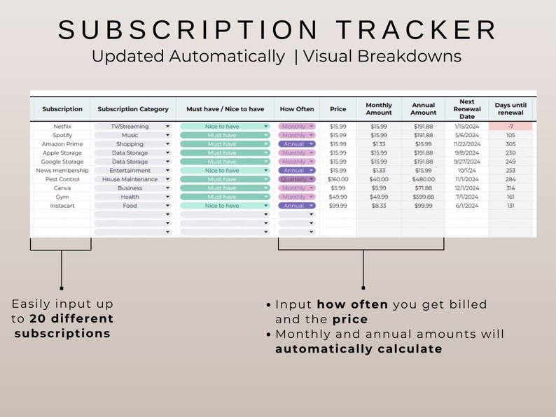 Subscription Tracker Google Sheets Template | Membership Tracker | Bill ...