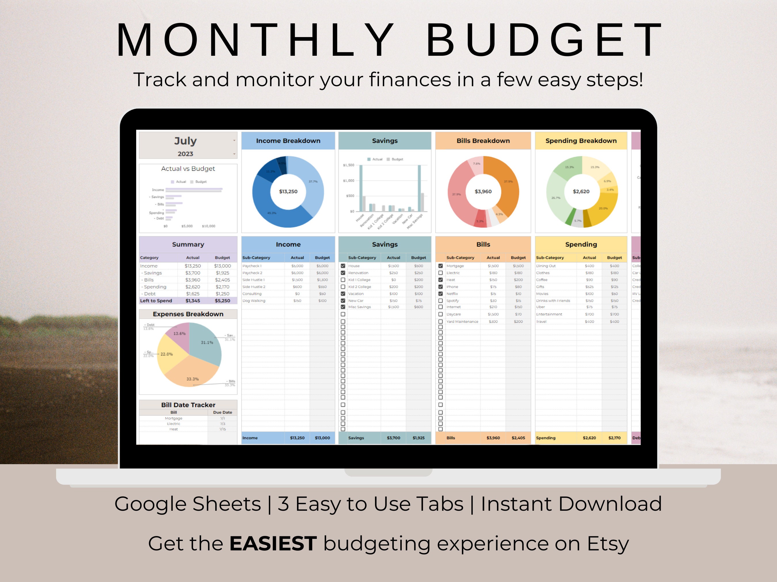 Monthly Budget Spreadsheet With Bill Tracker | Income and Expense ...