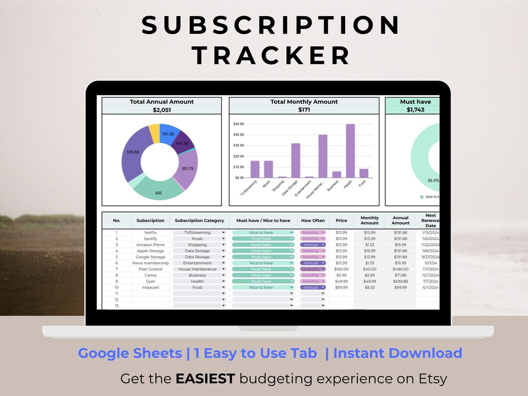 Subscription Tracker Google Sheets Template | Membership Tracker | Bill ...