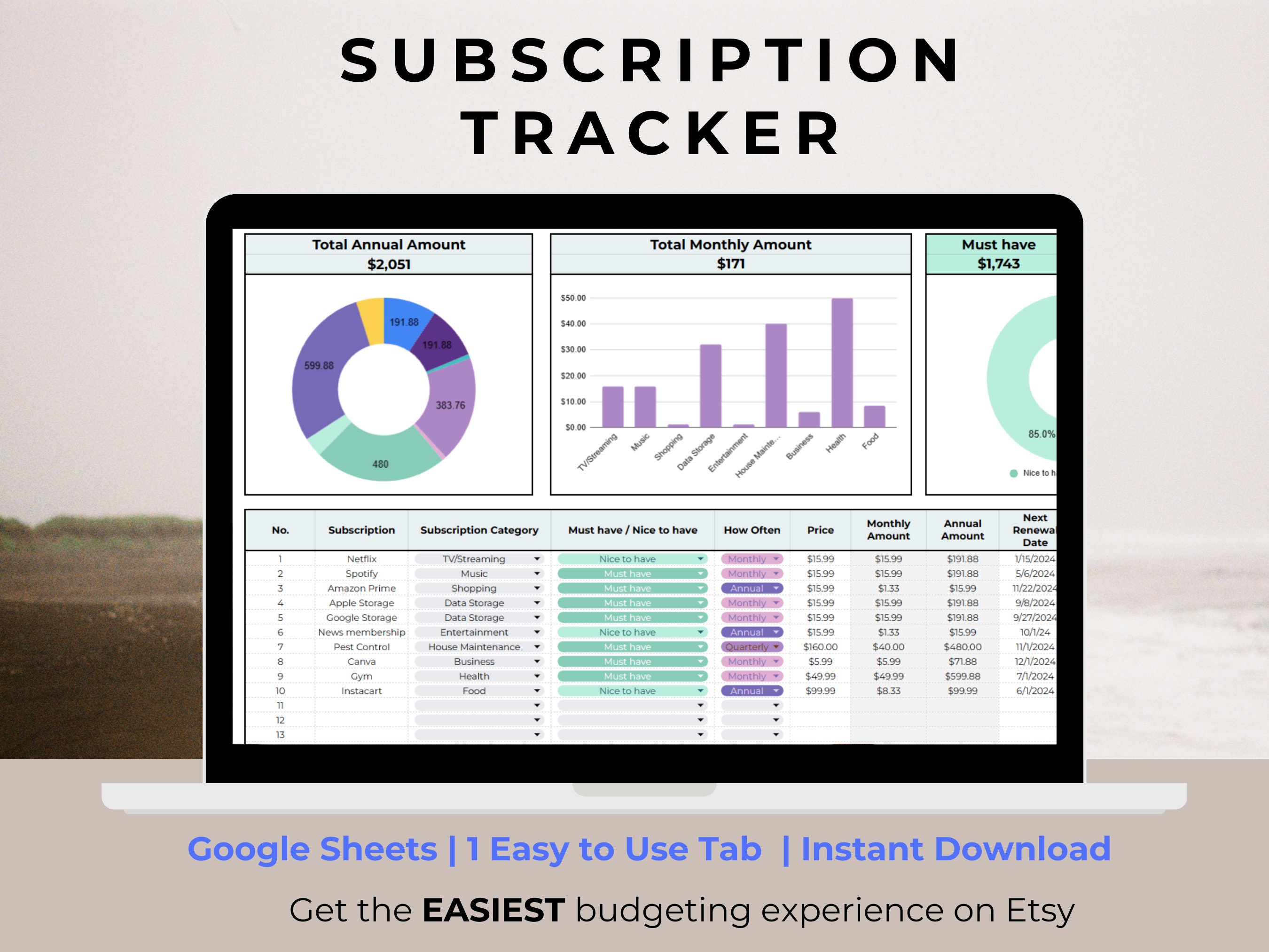 Subscription Tracker Google Sheets Template | Membership Tracker | Bill ...