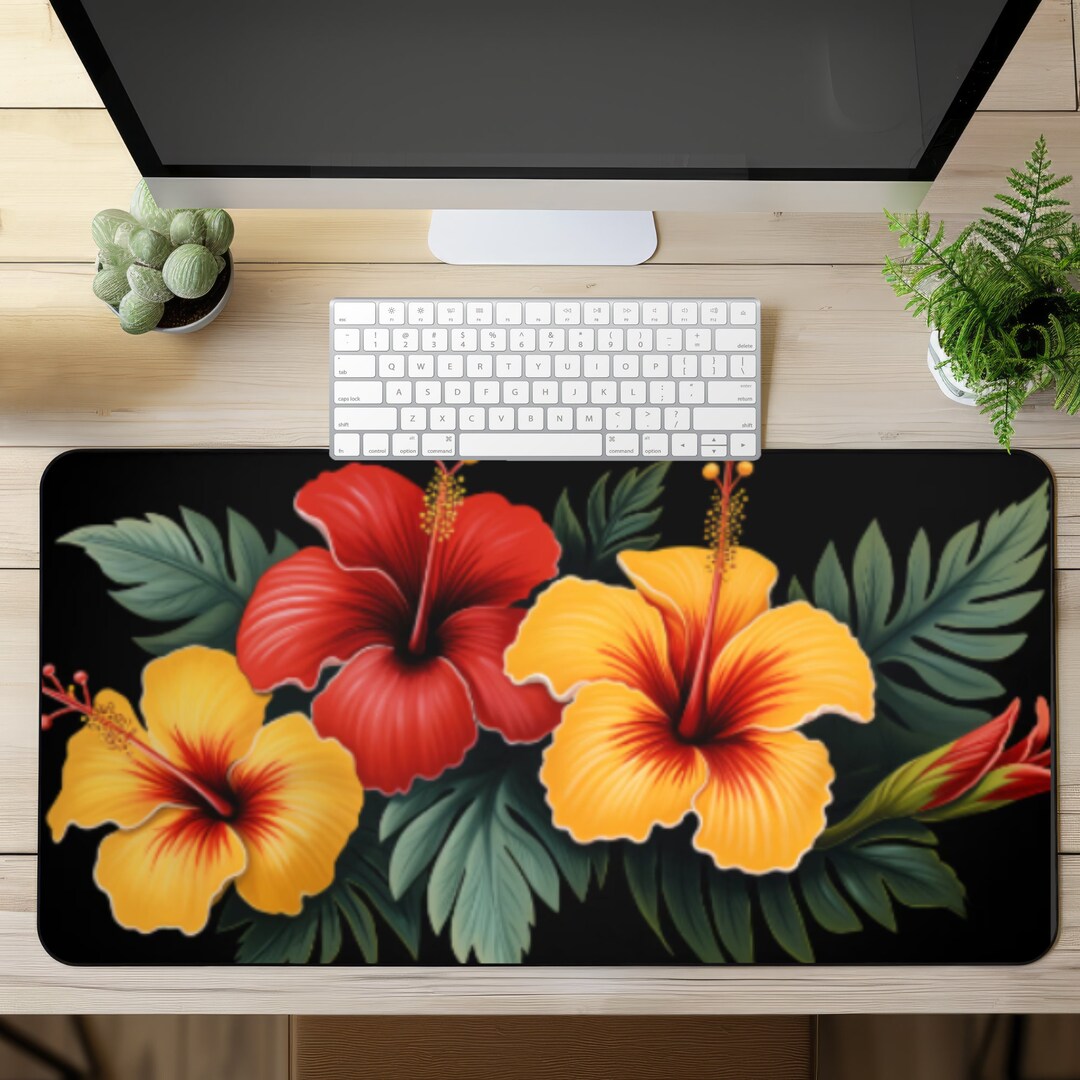 Tropical Hibiscus Desk Mat - Flower Vintage Botanical Illustration Desk ...