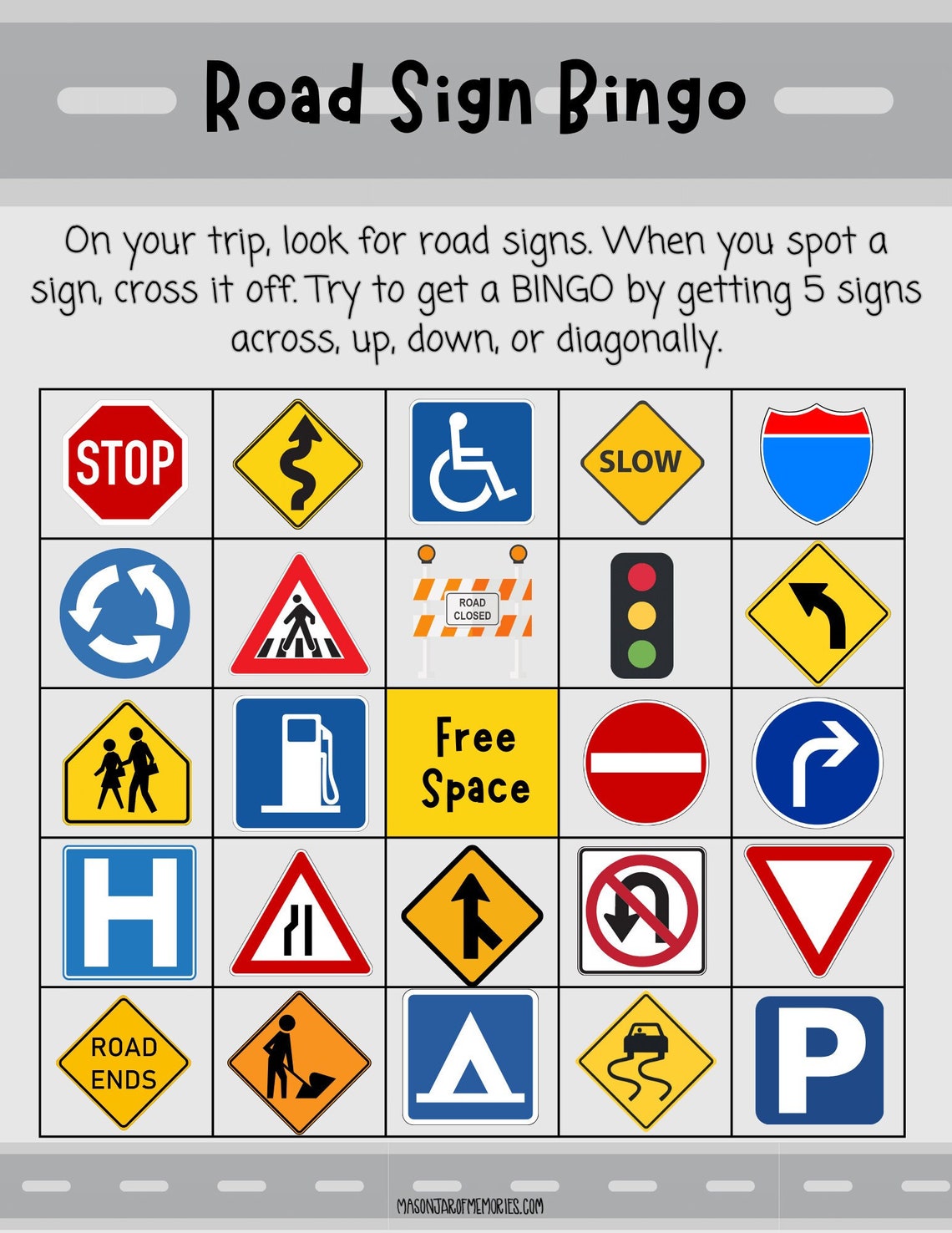 Car Games, Road Sign Bingo, Road Trip, Travel Games, Fun Road Trip ...