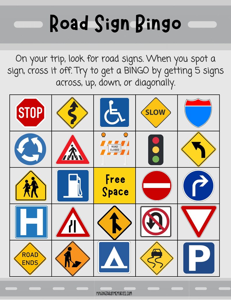 Car Games, Road Sign Bingo, Road Trip, Travel Games, Fun Road Trip ...