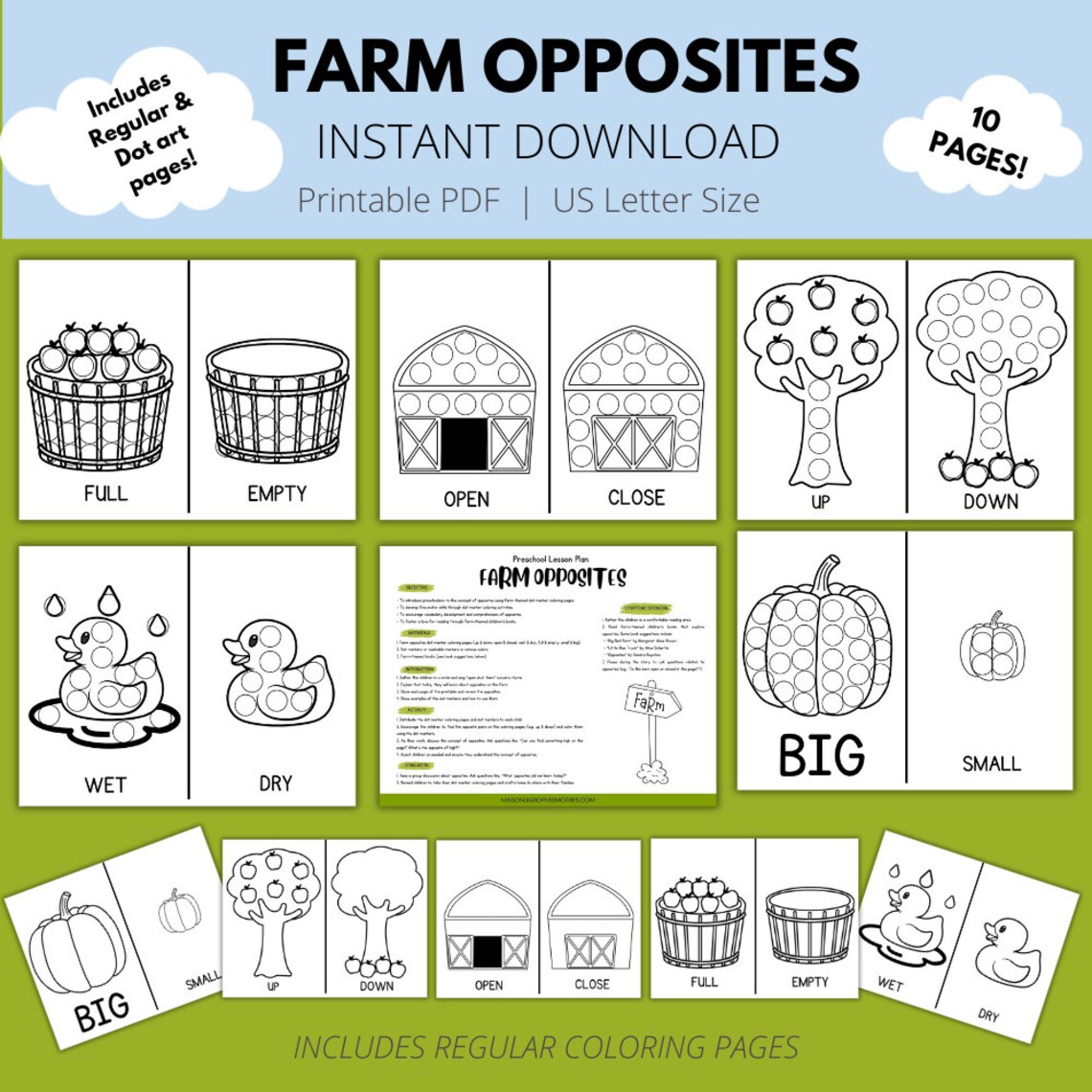 Farm Preschool Opposite Dot Coloring Pages, Opposites Lesson, Kids ...