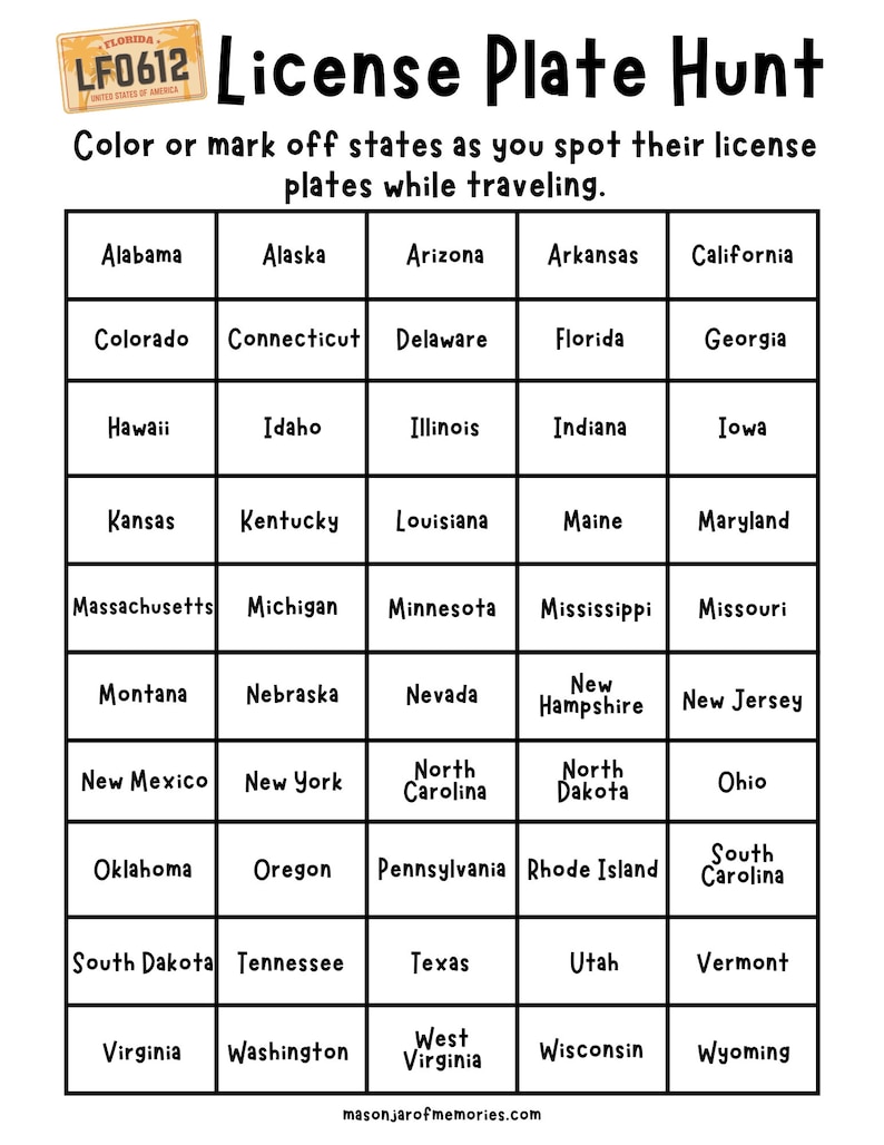 Kid's Road Trip Games: Car Bingo, License Plate Hunt (printable) - Etsy