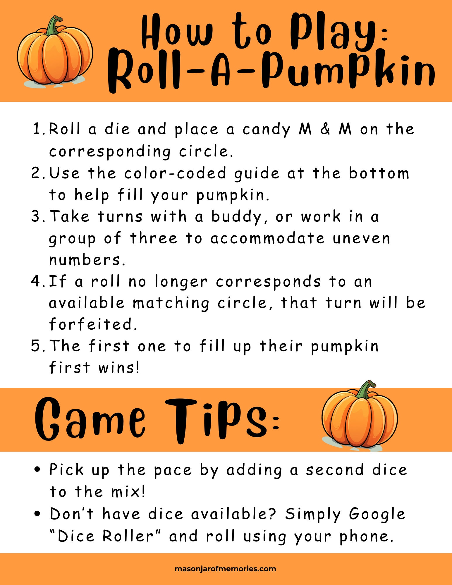 Roll-a-pumpkin Math Game Printable | Halloween & Fall Dice Activity PDF ...